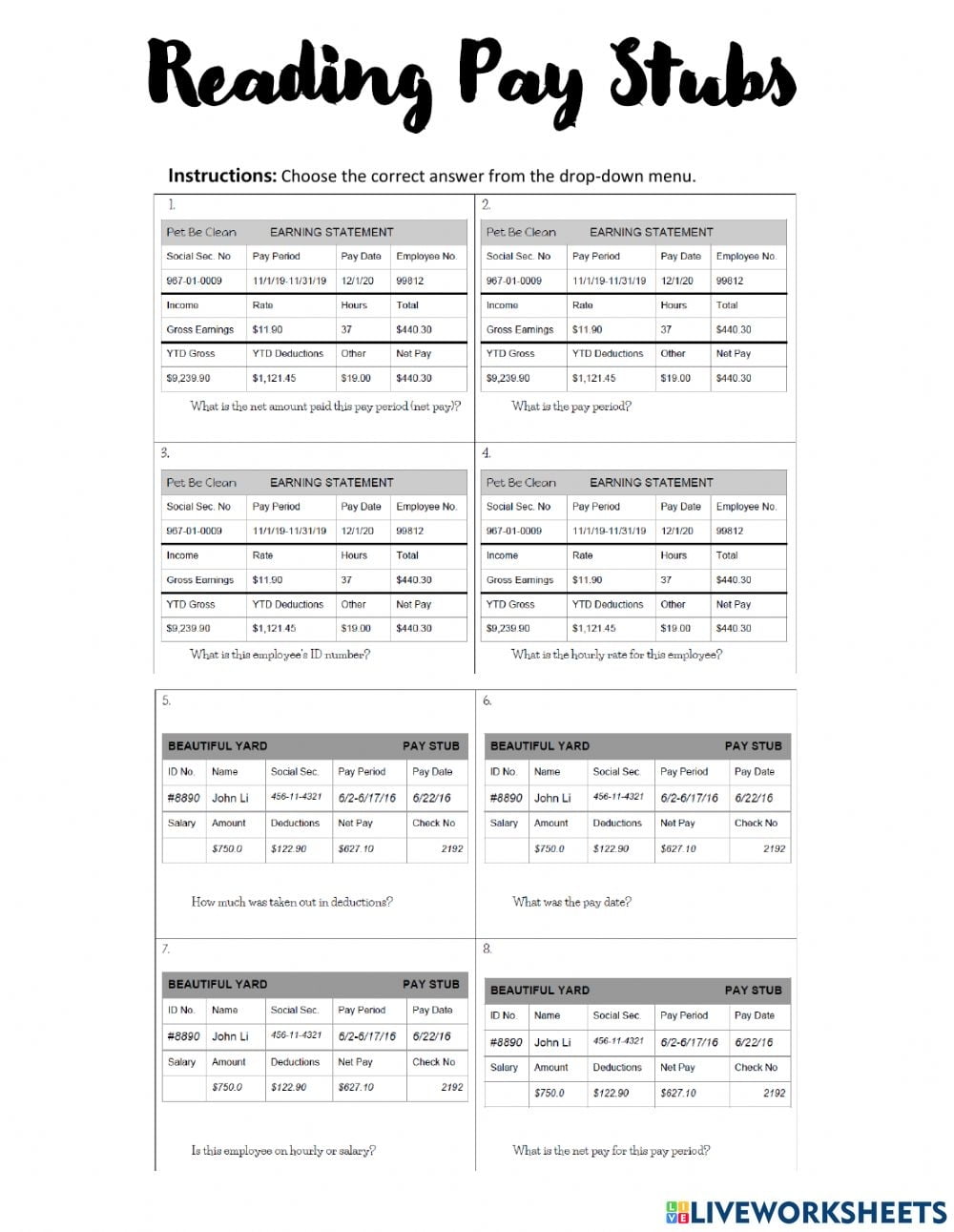 Reading A Pay Stub Worksheet Answers Reading Worksheet Printable