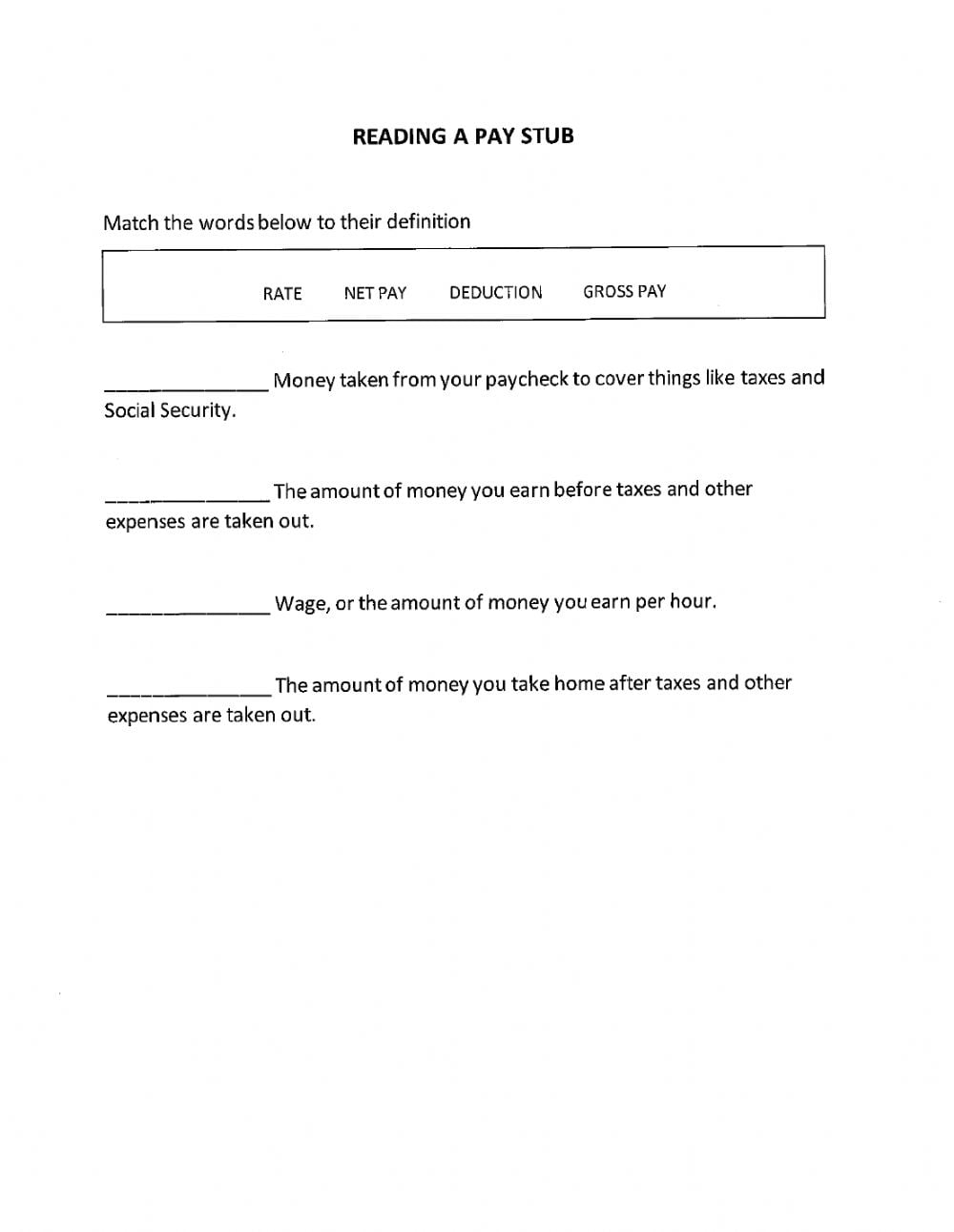 Reading A Pay Stub Worksheets Reading Worksheet Printable