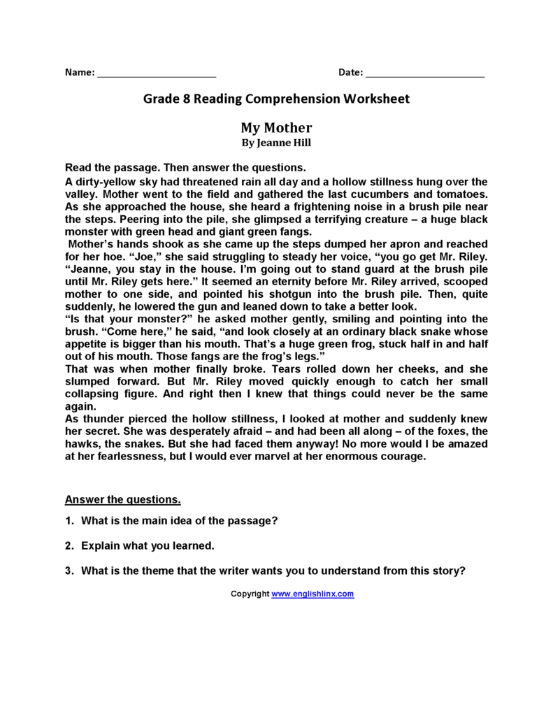 Reading Worksheets For 8th Graders Printables - Reading Worksheet Printable