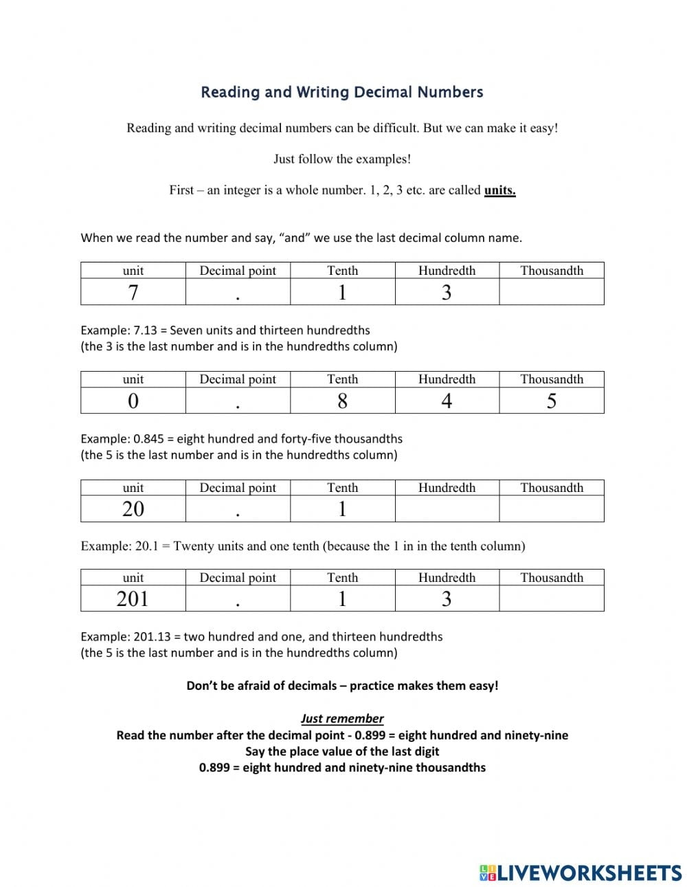 Reading And Writing Decimals Worksheets Reading Worksheet Printable