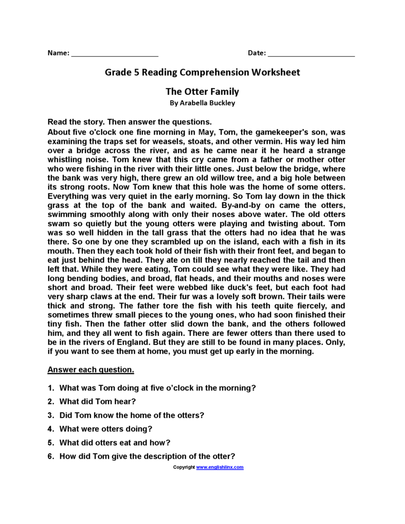 Free Worksheets Reading Comprehension 5th Grade - Reading Worksheet ...