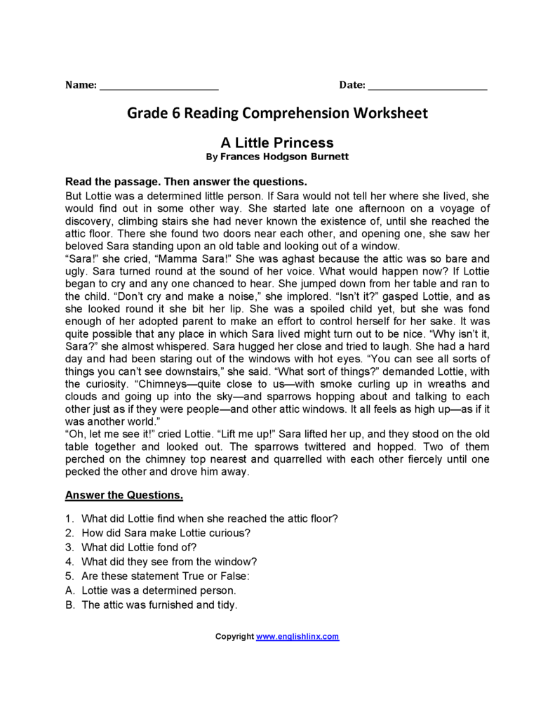Free Printable Reading Comprehension Worksheet Grade 6 - Reading ...