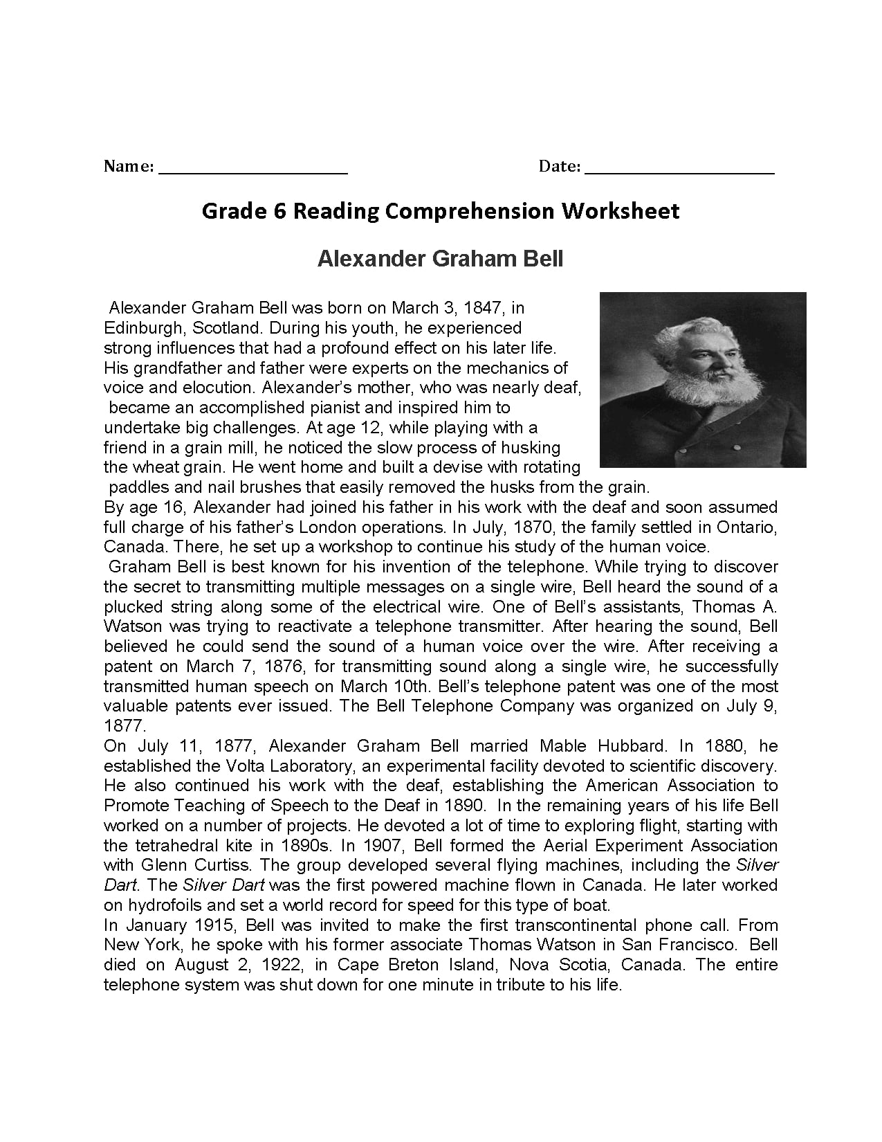 Free Printable 6th Grade Fiction Reading Comprehension Worksheets Free Printable 6th Grade Fiction Reading Comprehension Worksheets