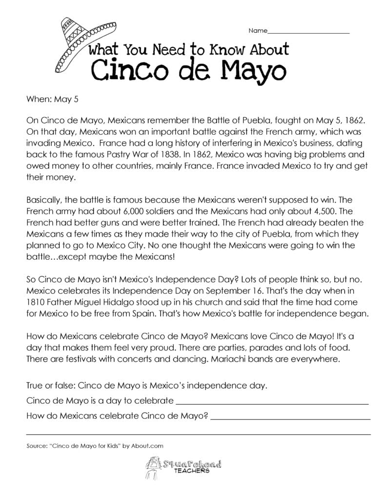 Cinco De Mayo Reading Comprehension Printable Worksheets - Reading ...