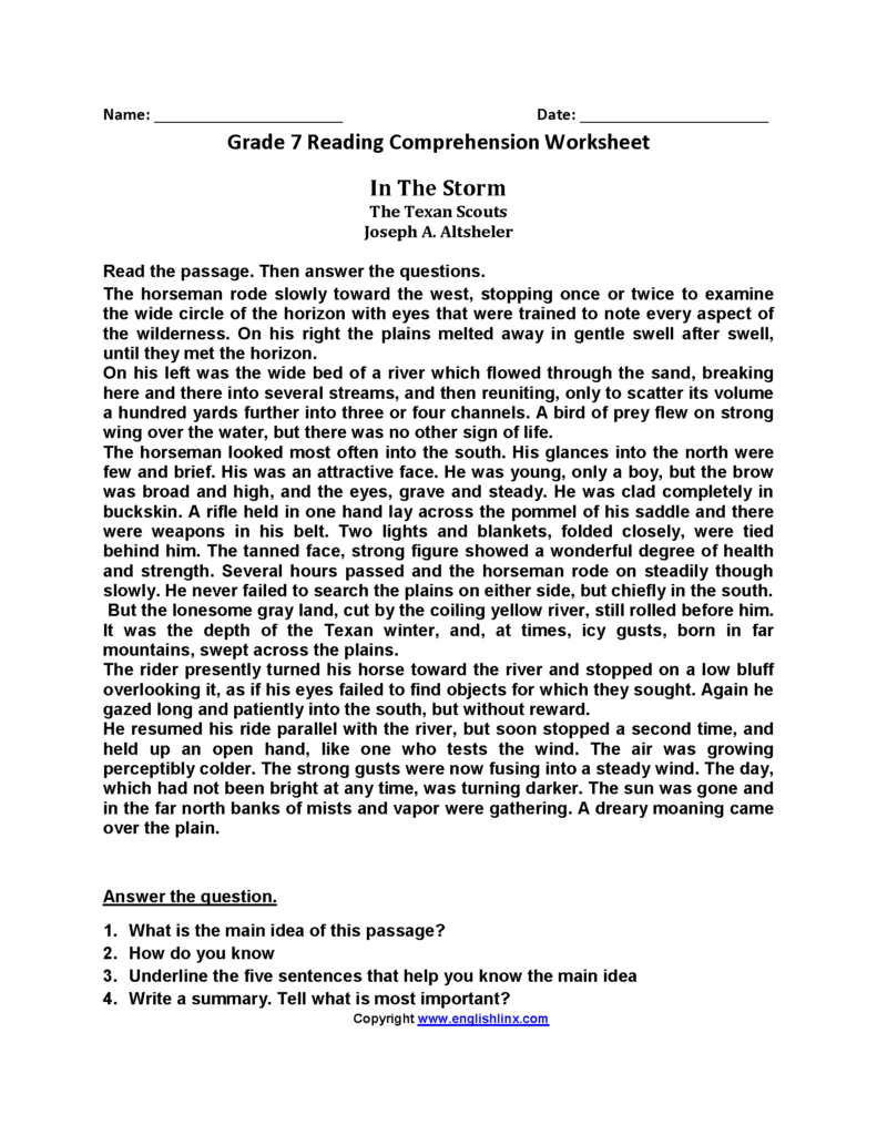 7th Grade Reading Comprehension Worksheets - Reading Worksheet Printable
