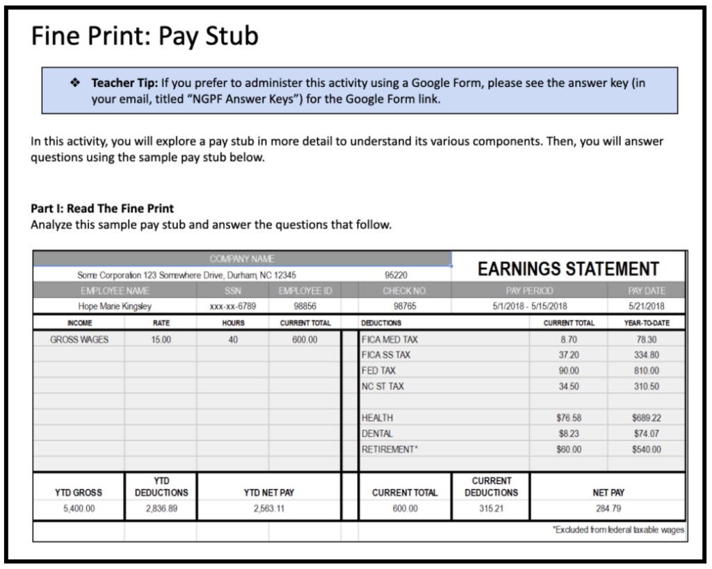 Reading A Pay Stub Worksheets Answers Personal Finance Reading