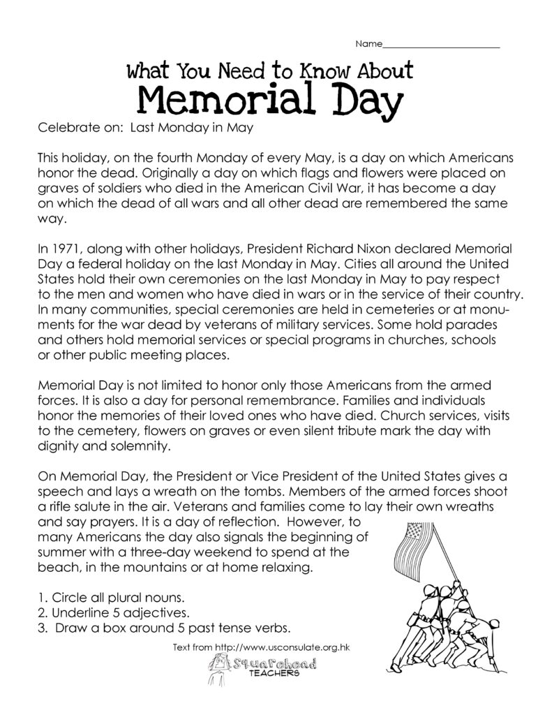 Free Printable Memorial Day Reading Comprehension Worksheets - Reading ...