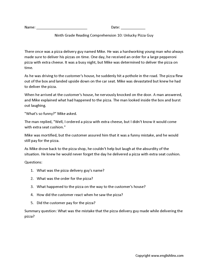 9Th Grade Reading Comprehension Worksheets Free Printables - Reading ...